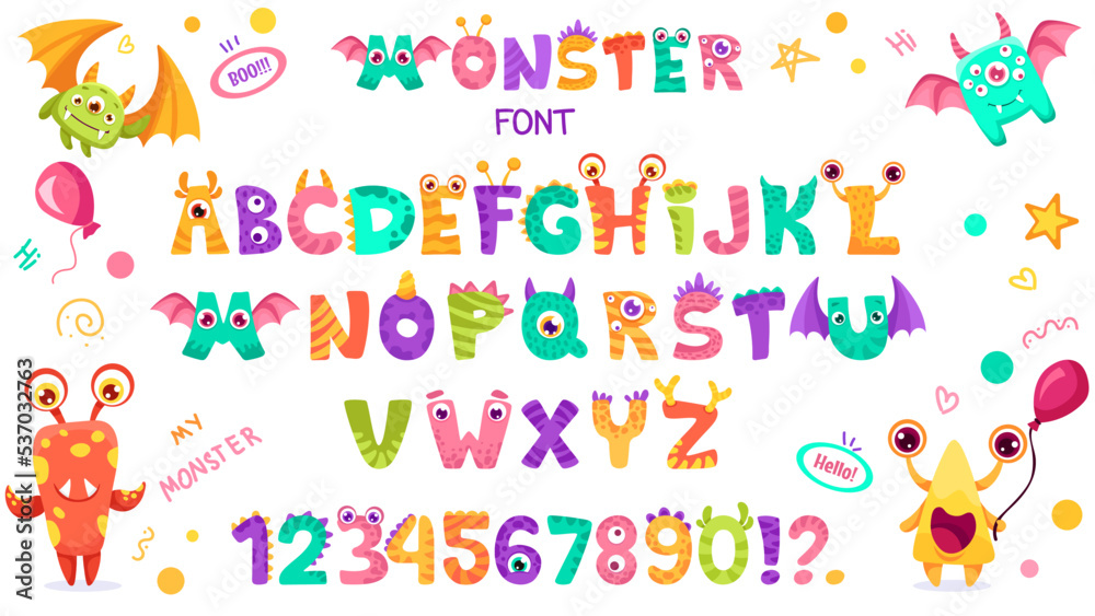 Monster alphabet. Set of cute and kawaii letters, numbers and ...