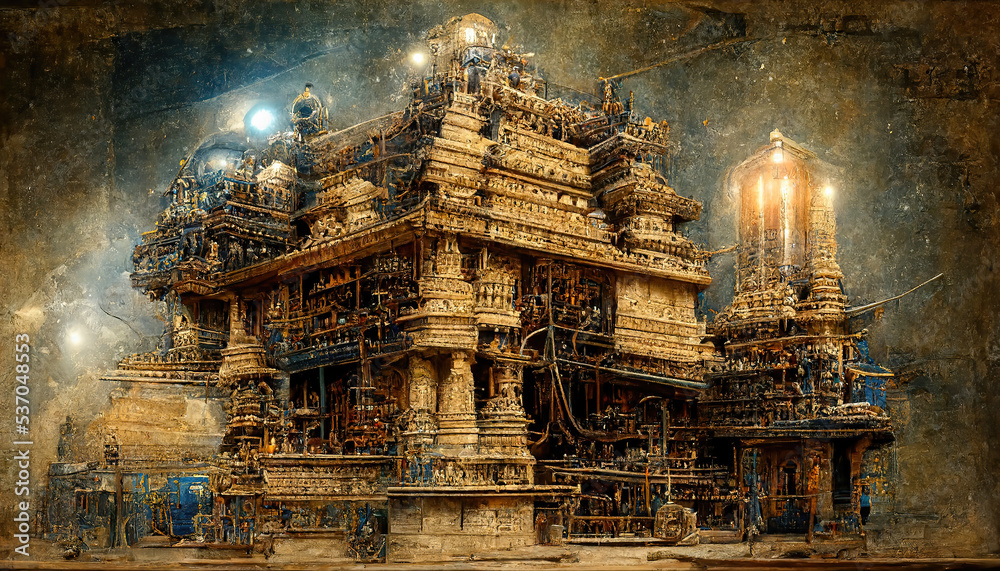 AI generated image of the construction of an ancient Hindu temple in progress. Brihadeeshwara ...