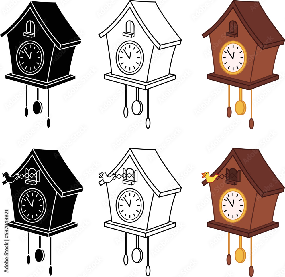 Cuckoo Clock with Cuckoo Bird Clipart Set - Outline, Silhouette & Color ...