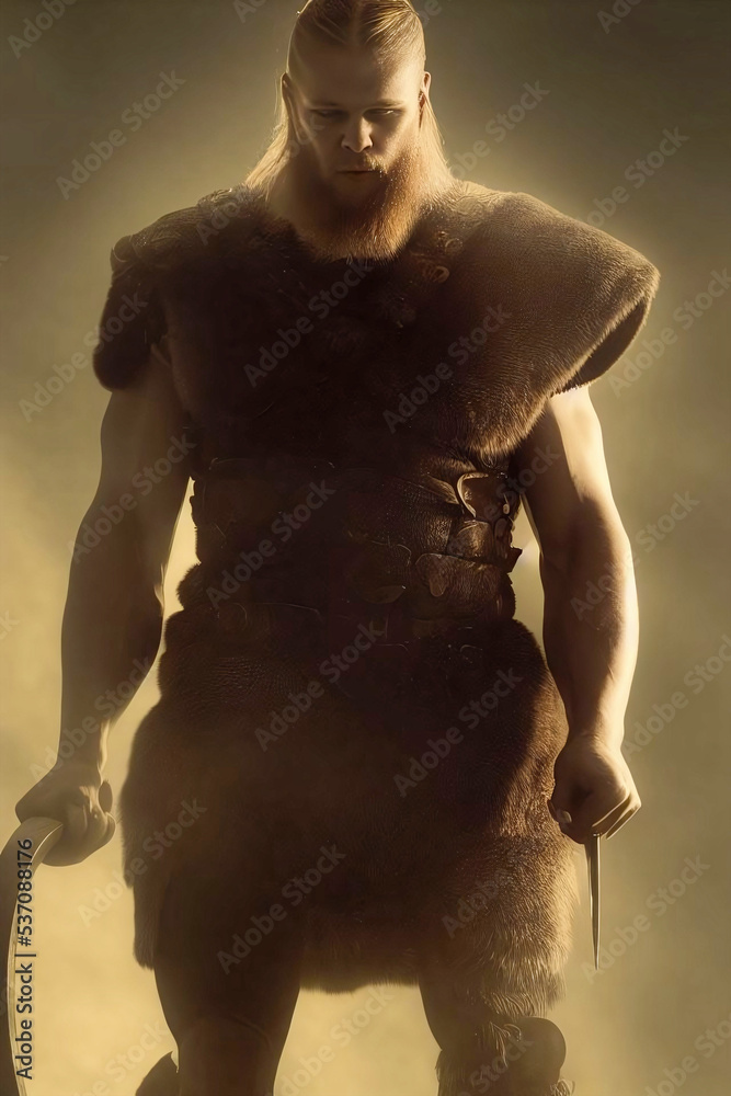 scary viking warrior with beard and long hair standing wearing armor ...