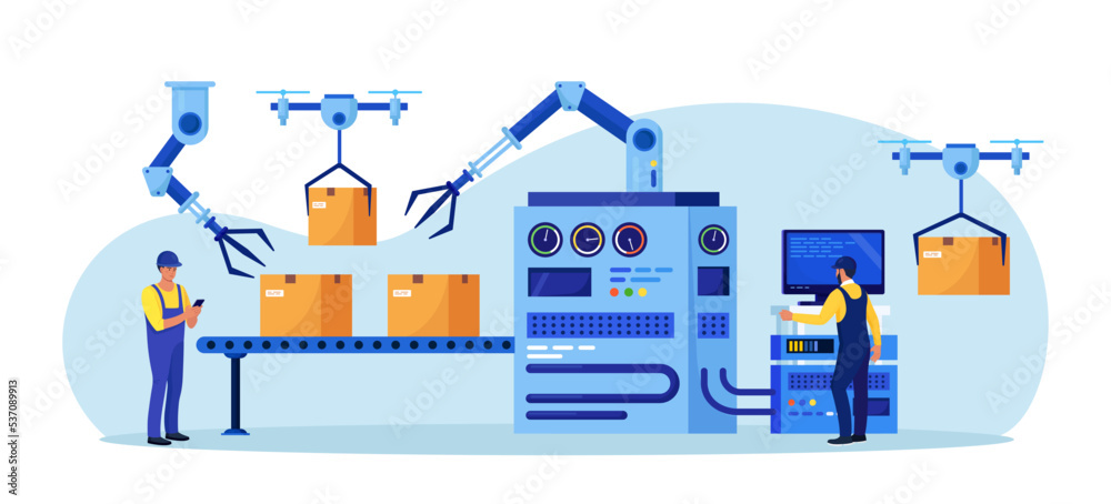Efficient smart factory with workers, robotic arm, assembly lines ...