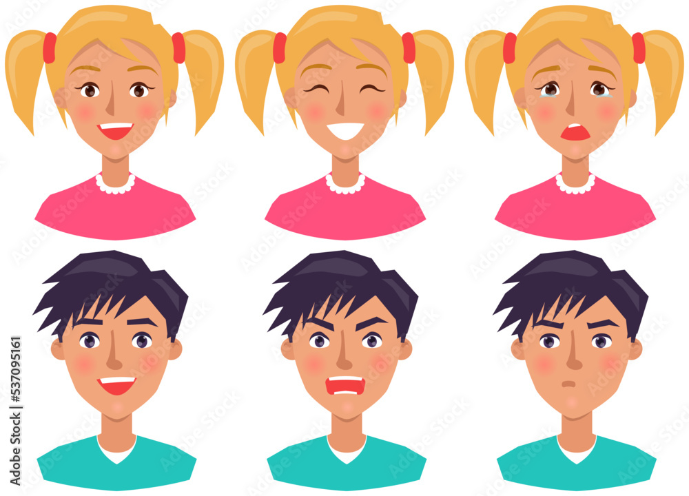 Positive and negative face expressions of kids. Cute faces of cartoon ...