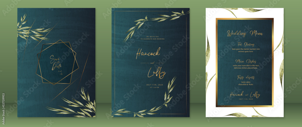 Wedding invitation card template green design luxury of gold frame with ...