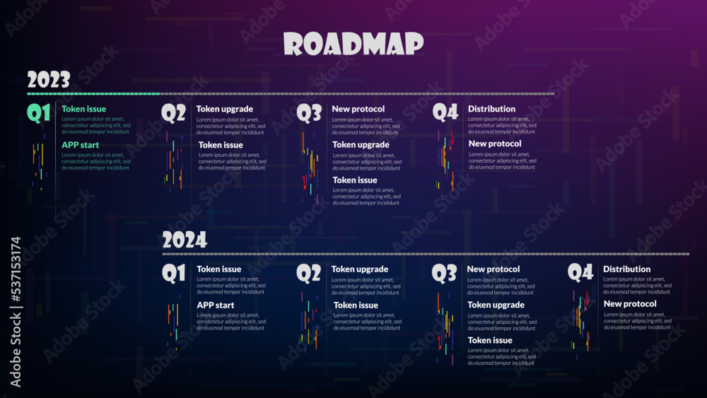 Roadmap with quarterly sections on dark purple background. Infographic ...