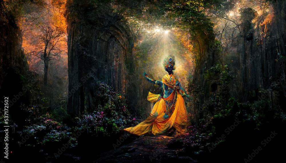 AI generated or 3D illustrated image of Hindu God Lord Krishna's raas ...