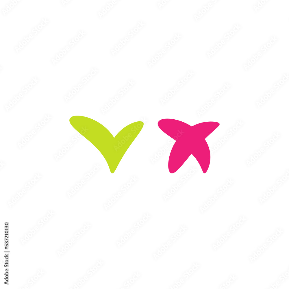 Set of cartoon brush stroke check mark icons. green tick and pink cross ...