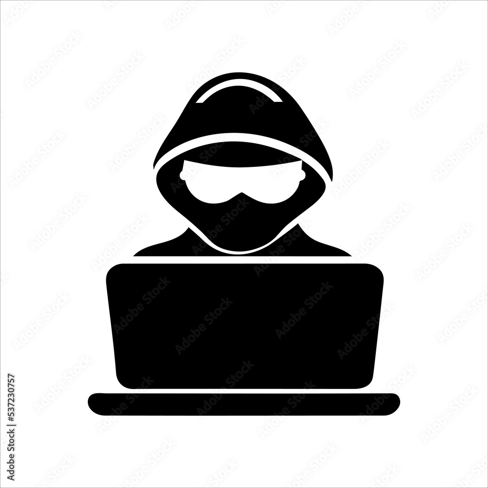Pictogram of hacker. Black and white vector illustration. Man behind laptop isolated on white ...