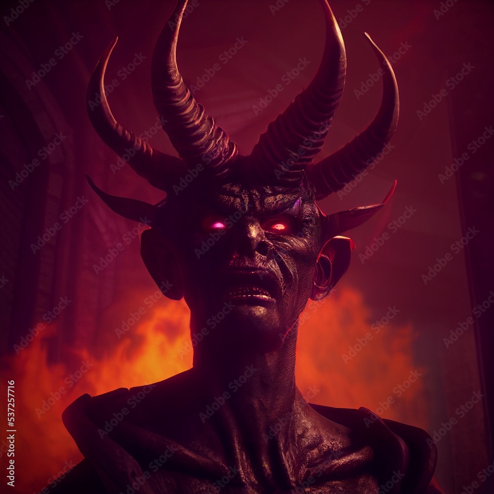 Stock-Illustration „Scary demon with horns and evil look. Glowing eyes ...