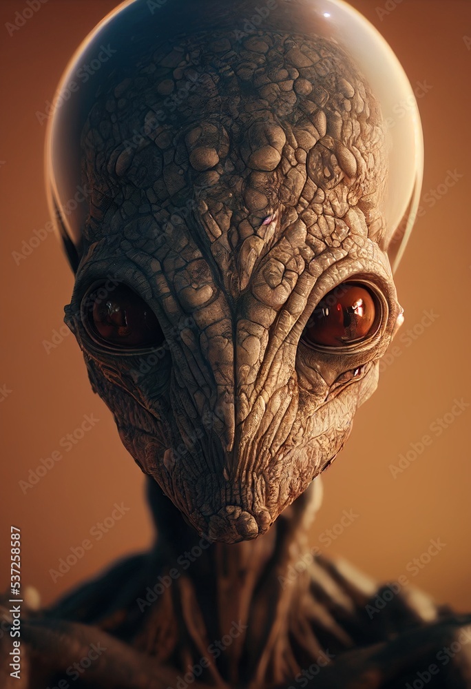 Stock-Illustration „Alien close up portrait, large forehead, big scary ...