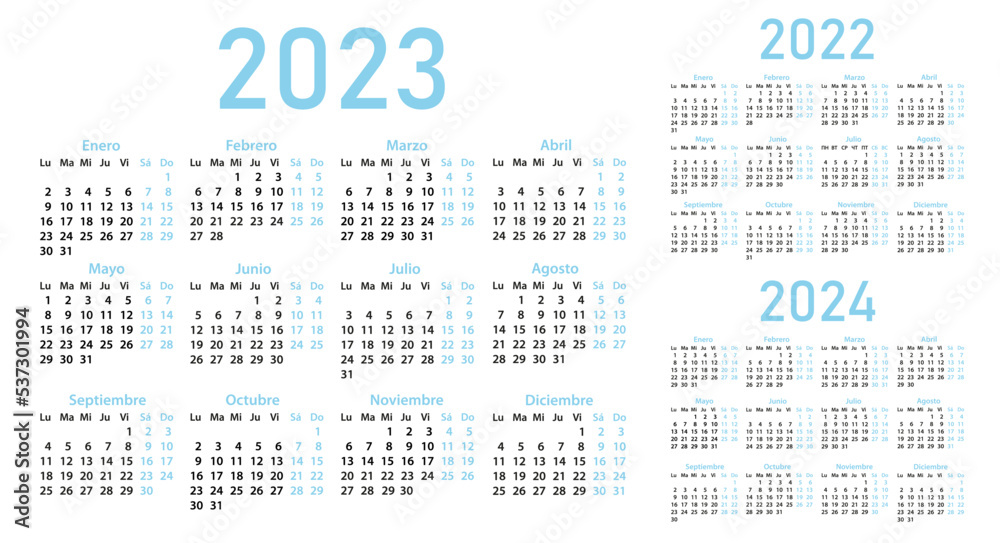 Stock-Vektorgrafik „ Calendars in Spanish for 2022, 2023, 2024 on a ...
