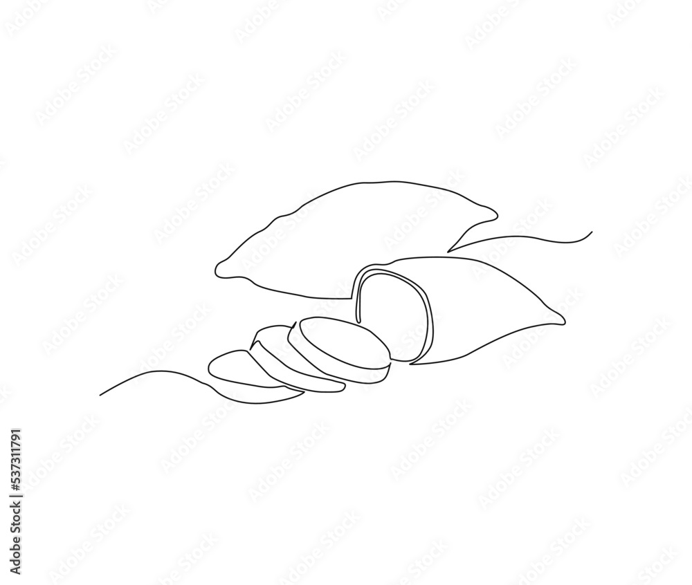 Continuous line art drawing of Cassava. Slice and a whole of cassava ...