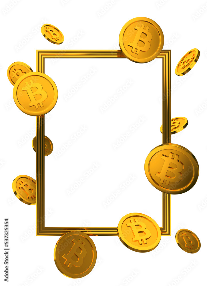 Gold frame with Bitcoin isolated on transparent background. 3d bit coin ...