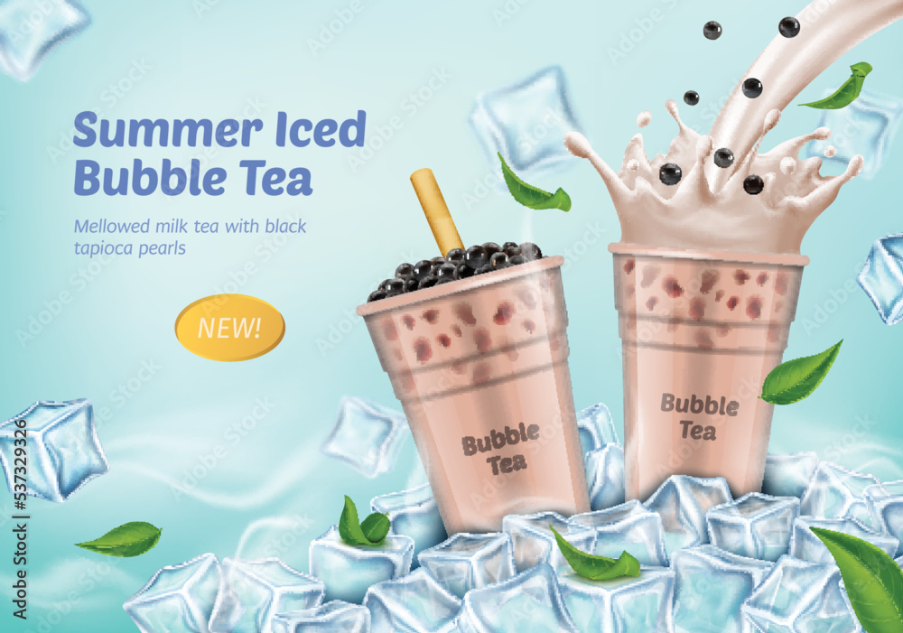 Realistic Detailed 3d Summer Iced Bubble Milk Tea Ads Banner Concept ...
