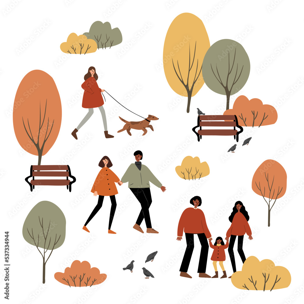 Fall city illustration, People walk in autumn park vector clipart, Cozy ...