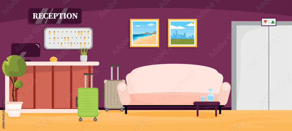 Vector illustration of modern interior hotel reception. Cartoon ...