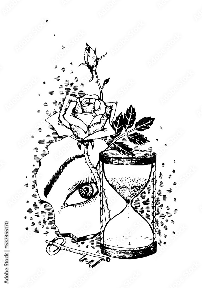 Rose Flower with woman face, clock, key isolated on white background ...