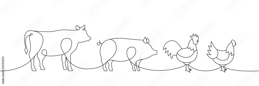Farm animals set one line continuous drawing. Pig, Cow, Chicken ...