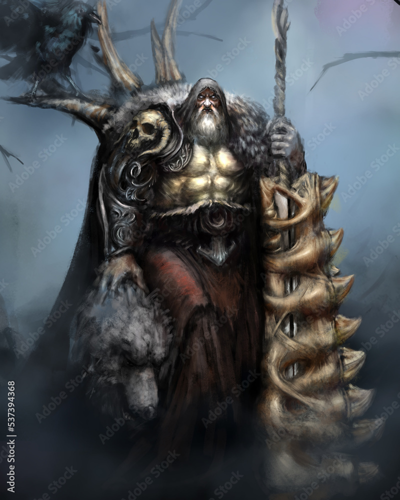 Стоковая иллюстрация «A viking monster hunter stands with a werewolf ...