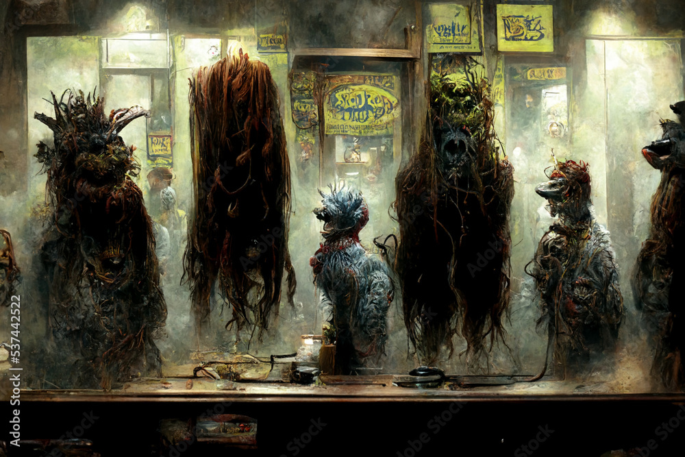 Стокова ілюстрація Nightmare monsters at the barber shop. Scary ...