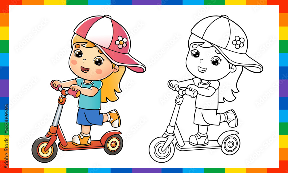 Coloring Page Outline Of cartoon girl on the scooter. Summer activity ...