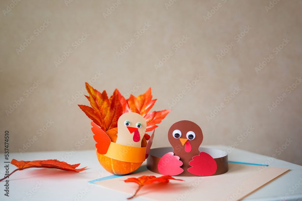 paper craft for kids. DIY Turkey made from pumpkin for thanksgiving day ...