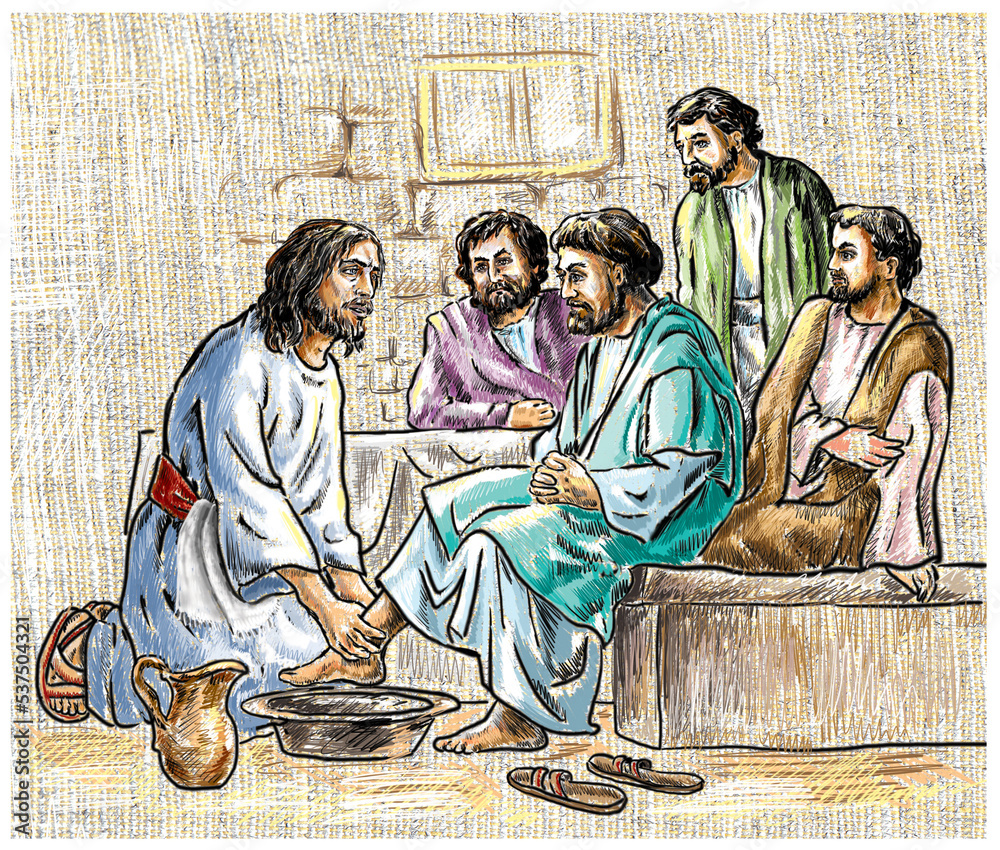 Jesus Washing the Apostles Feet on Holy Thursday Coloring Page Stock ...