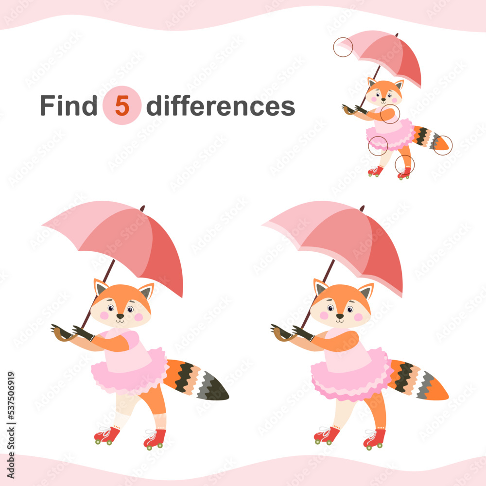 Find 5 differences between cute foxes with umbrellas. Educational game ...