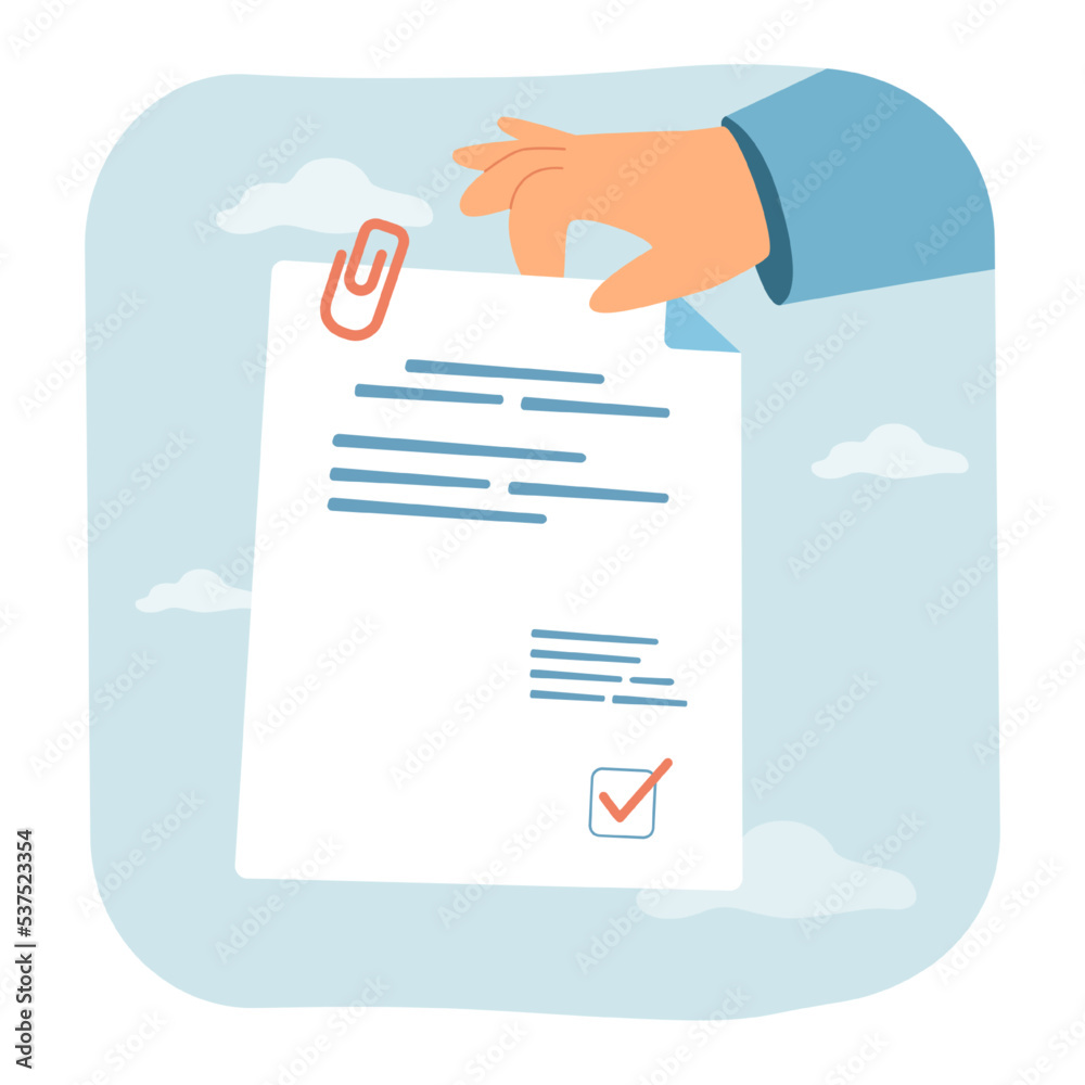 Hand holding paper document with check mark of approval. Survey form ...