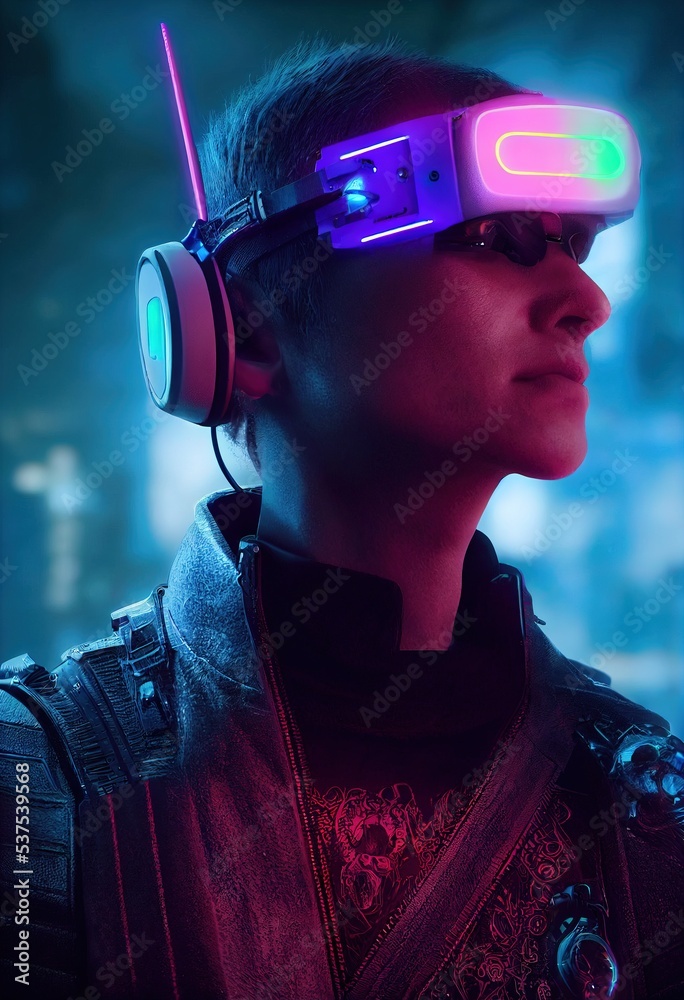 Fictional portrait of a sci-fi cyberpunk man. High-tech futuristic man ...