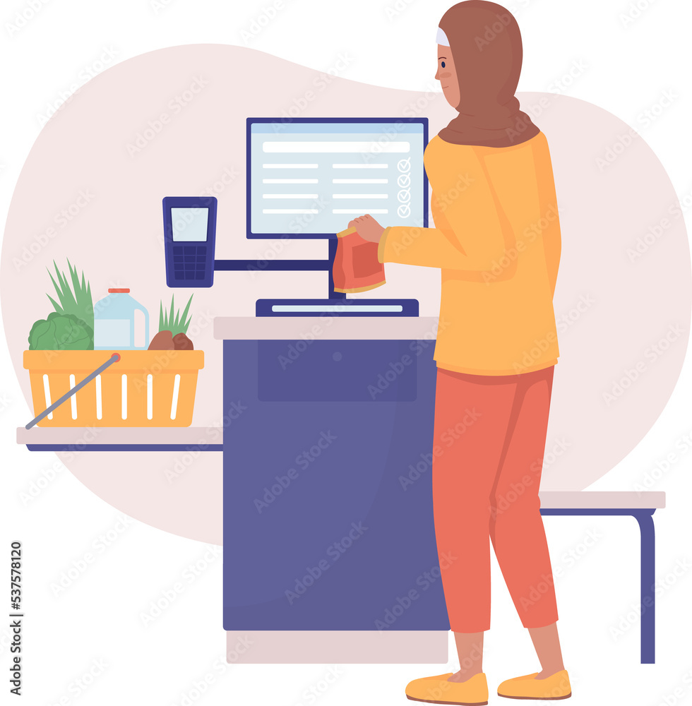 Supermarket terminal 2D raster isolated illustration. Woman scanning ...