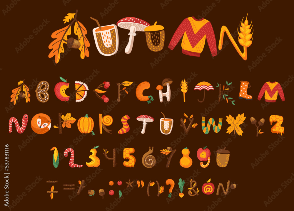 Cartoon fall autumn thanksgiving font, type or alphabet. Vector abc ...