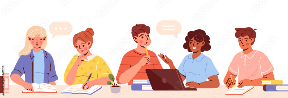 Group of students. Guys and girls sit in classroom, study, communicate ...