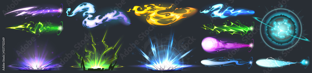 Set of vfx neon light effects isolated on black background. Cartoon ...