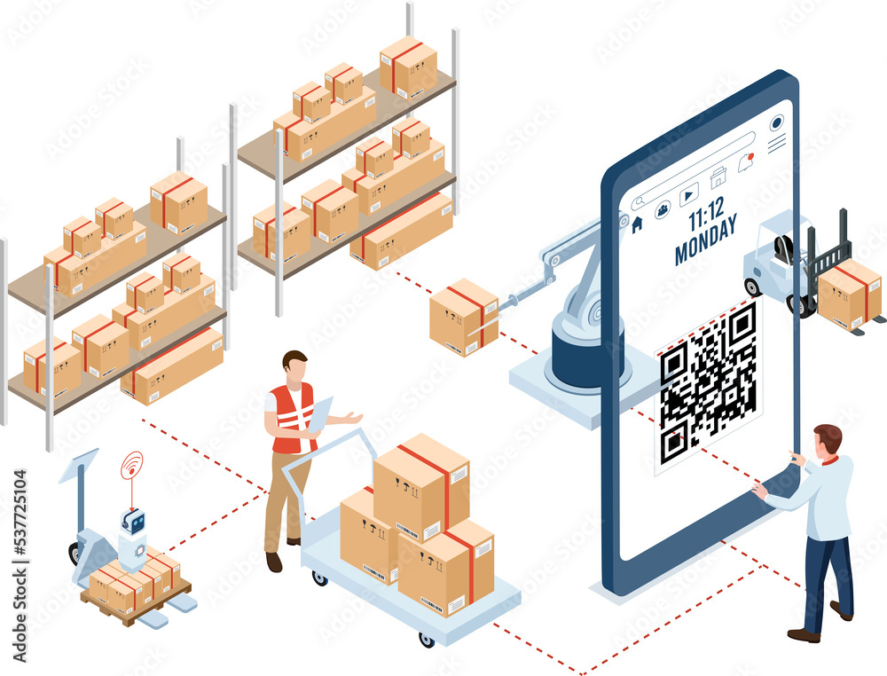 Ilustrace 3D isometric logistics Warehouse Work Process Concept with ...
