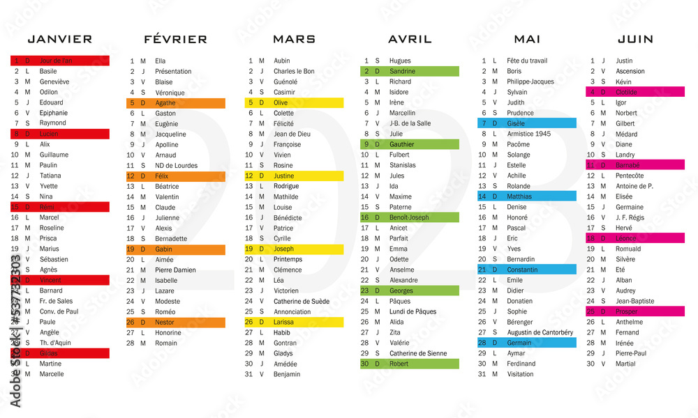 Image vectorielle Stock Calendrier 2023 Saints Fête France Multicolore ...