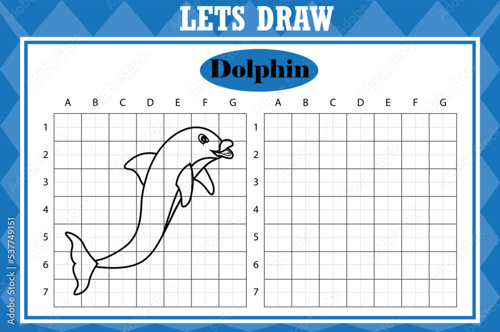 Draw cute dolphin. Grid copy worksheet. educational children game ...