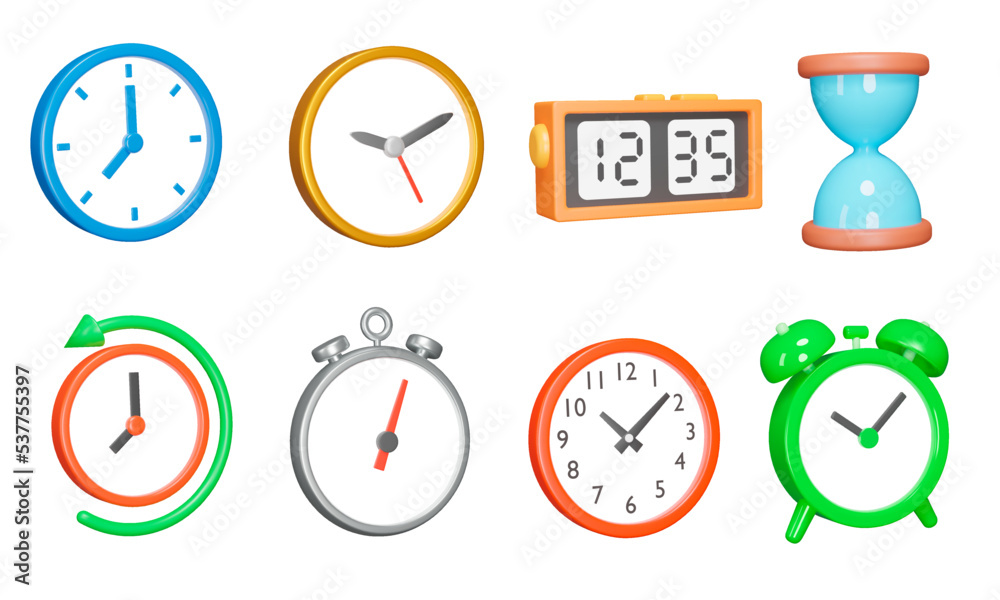 Clock 3d icon set. Wall clocks, various dials. Alarm clock, stopwatch ...