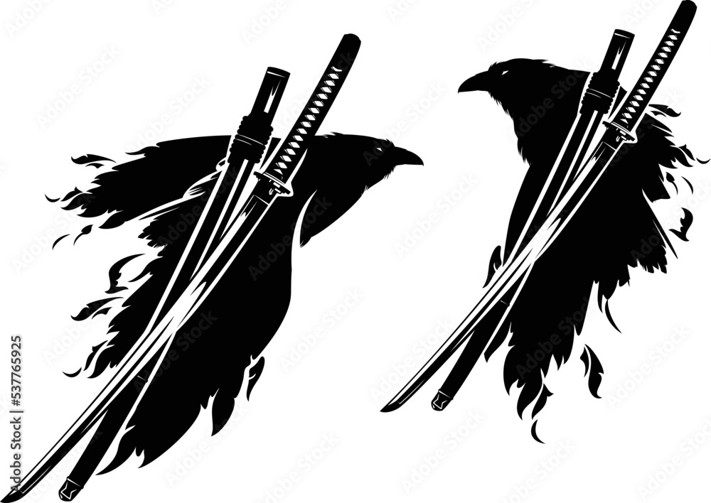 samurai katana sword with scabbard and flying raven bird - japanese ...