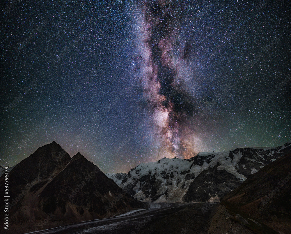 Milky Way and mountains. Amazing scene with himalayan mountains and ...