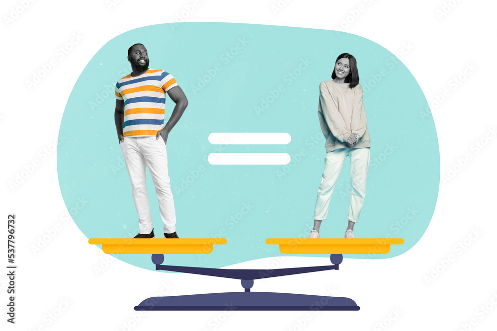 Collage photo of young couple diversity man woman stay scales excited ...