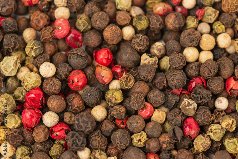 Layout of mixture with hot pepper, red pepper, black pepper, white ...
