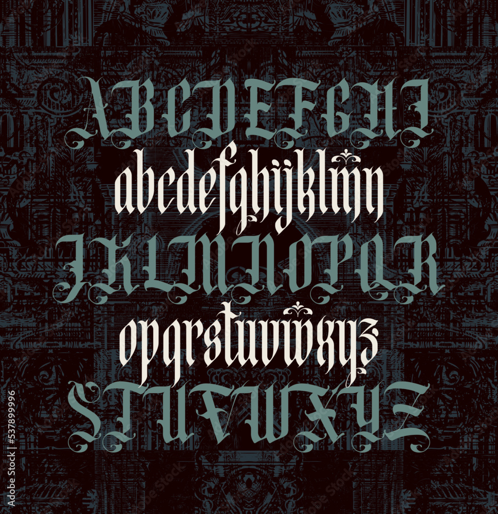 Gothic font. Full set of capital letters and small of the English ...