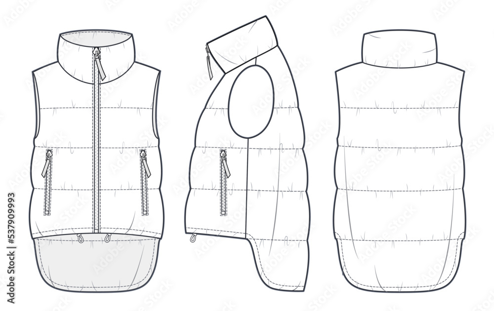 Unisex Down Jacket Vest technical fashion Illustration. Puffer Vest ...