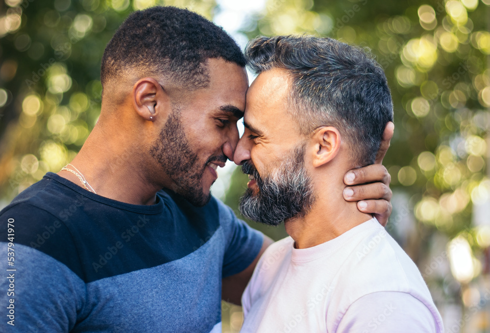 Multiracial gay couple kissing outdoors Stock Photo | Adobe Stock