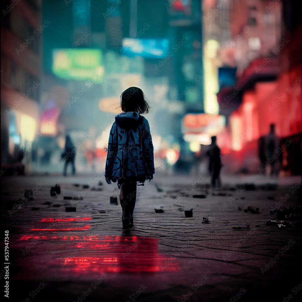 Back facing little girl looking at night neon cyberpunk street AI ...