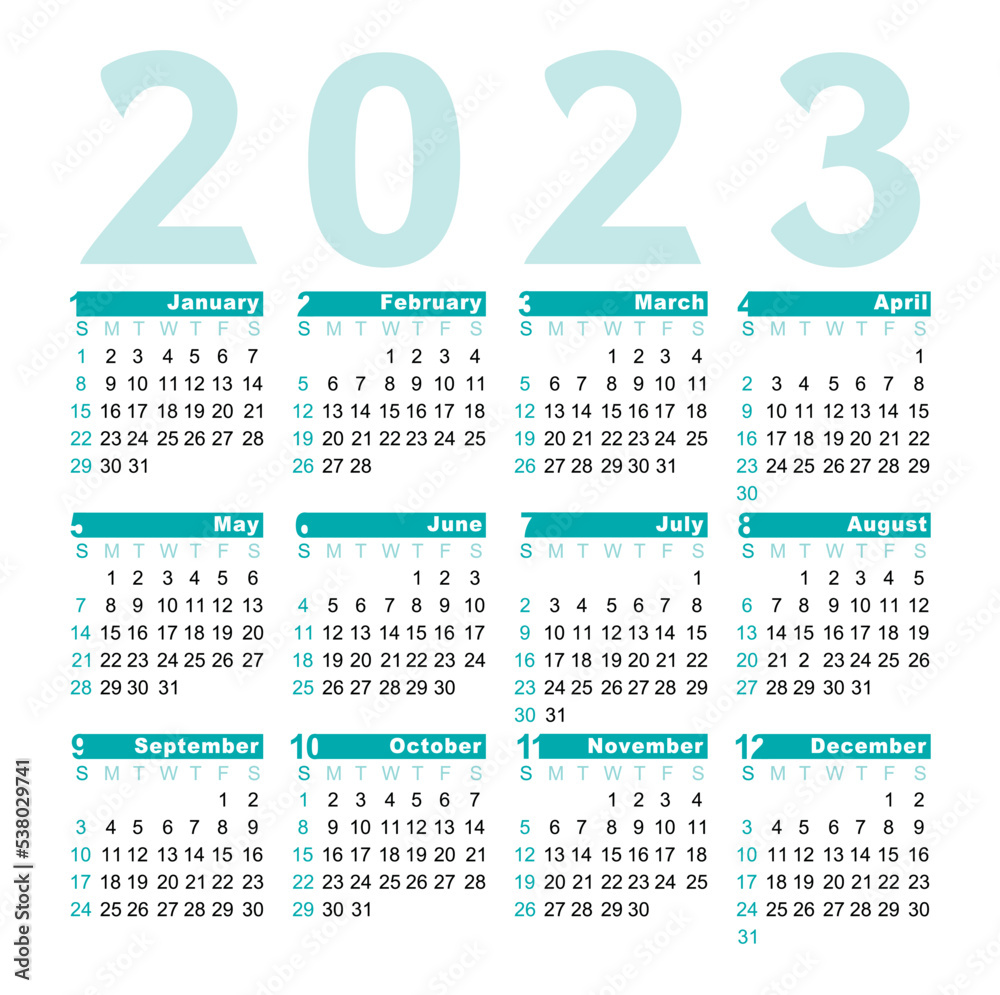 2023 Calendar year vector illustration. The week starts on Sunday ...