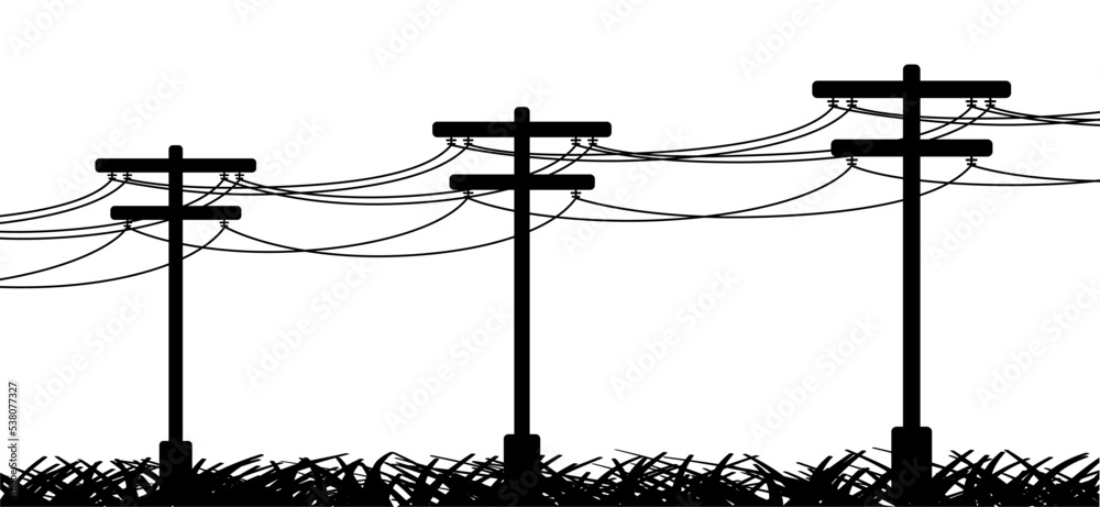 Tangent towers. High voltage pole, electric wires and telephone cable ...