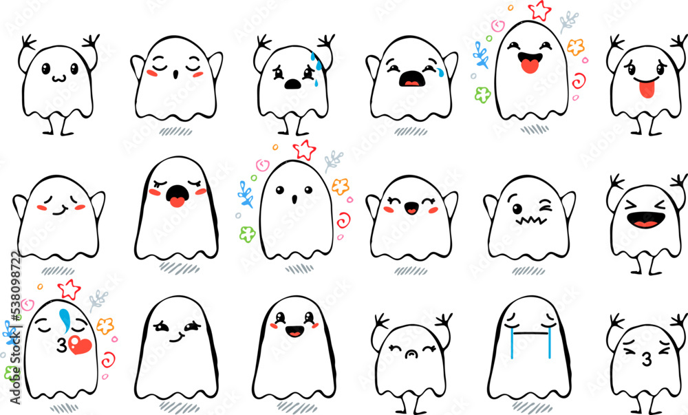 Set of Various Cartoon Ghosts with Emoticons. Doodle ghouls, eyes and ...