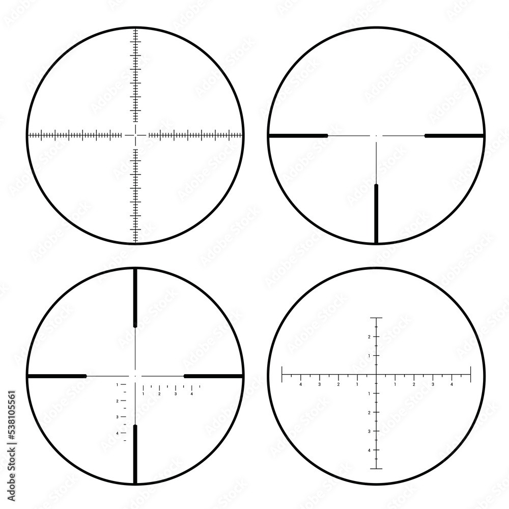 Set of sniper rifle circular sights with reticle or crosshair on white ...