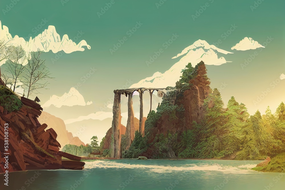 Log bridge between mountains above cliff in rock peaks landscape with ...